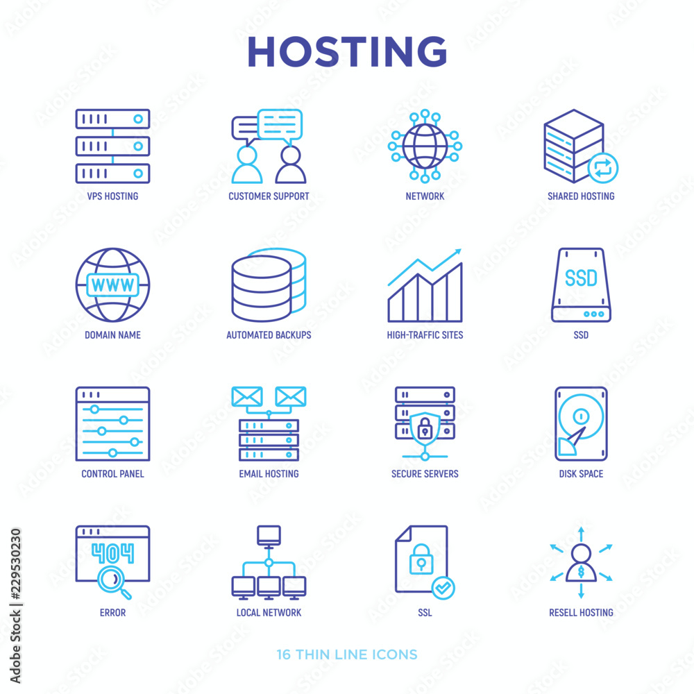 Hosting Thin Line Icons Set VPS Customer Support Domain Name
