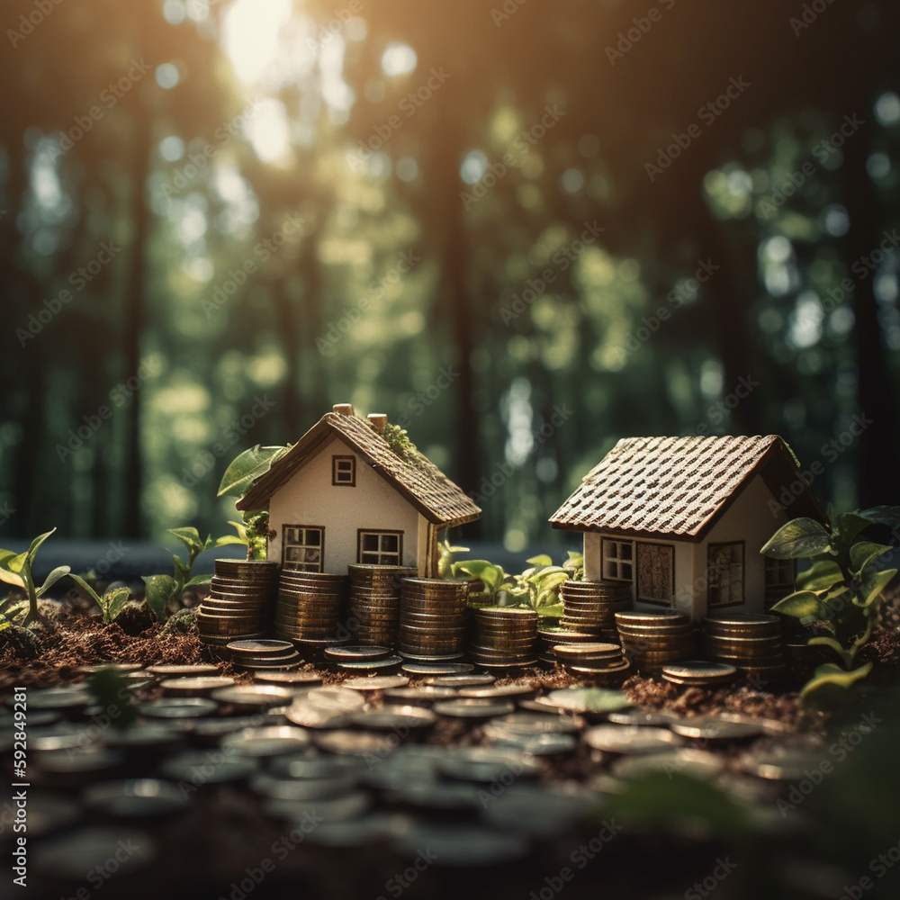 House Model And Coin Stack On Wooden Table With Bokeh Background