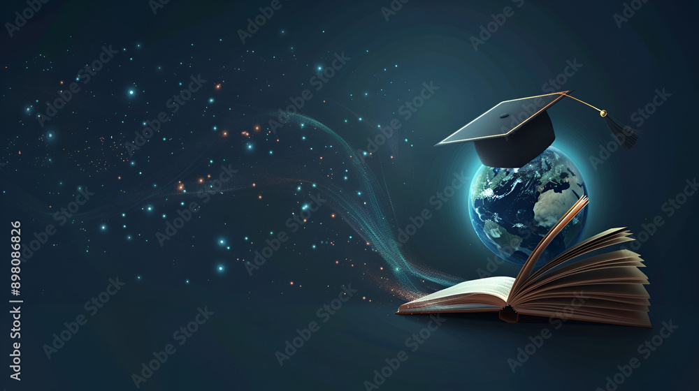 Futuristic Graduation Polygonal Open Book And Graduation Cap On The