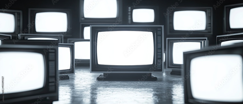 3D Render Of Multiple TVs With White Screens Stacked Vertically