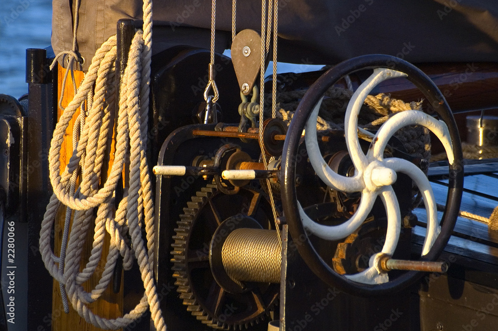 old ship - helm/rudder, ropes and gears Stock Photo | Adobe Stock