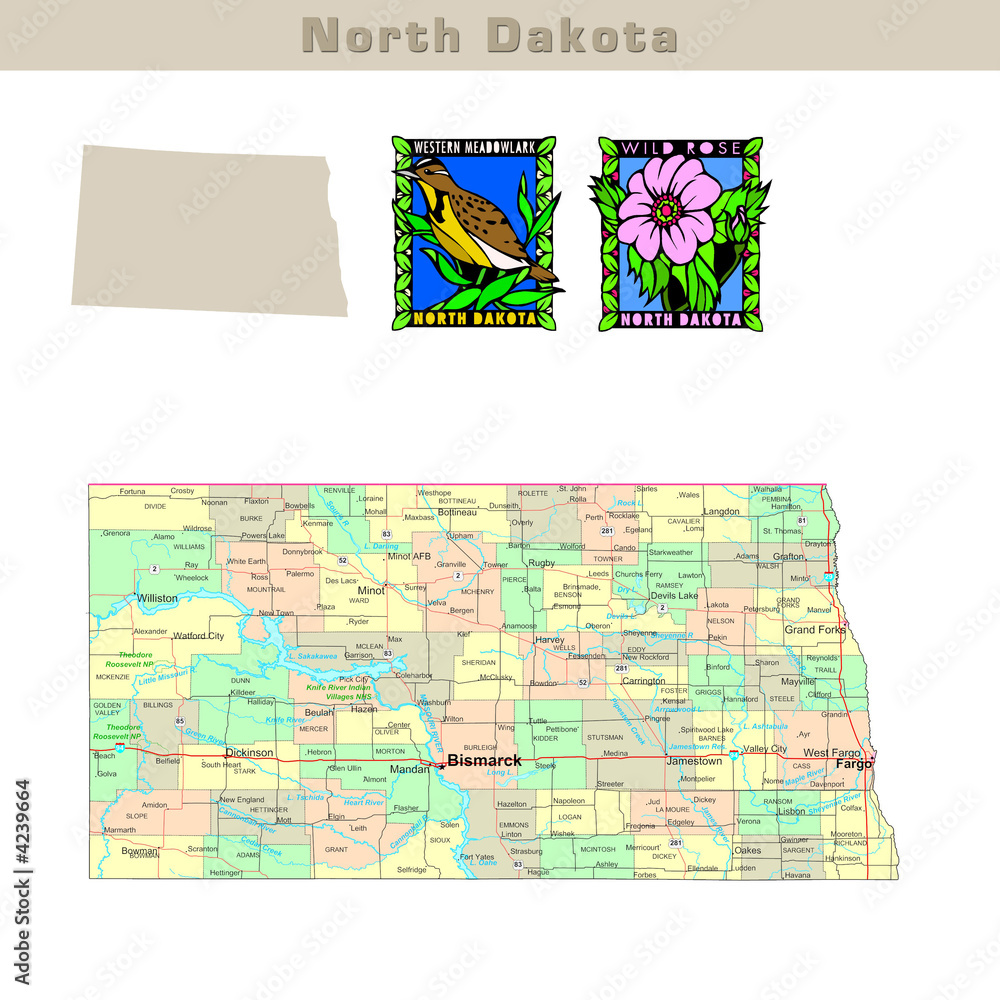 USA states series: North Dakota. Political map with counties Stock ...