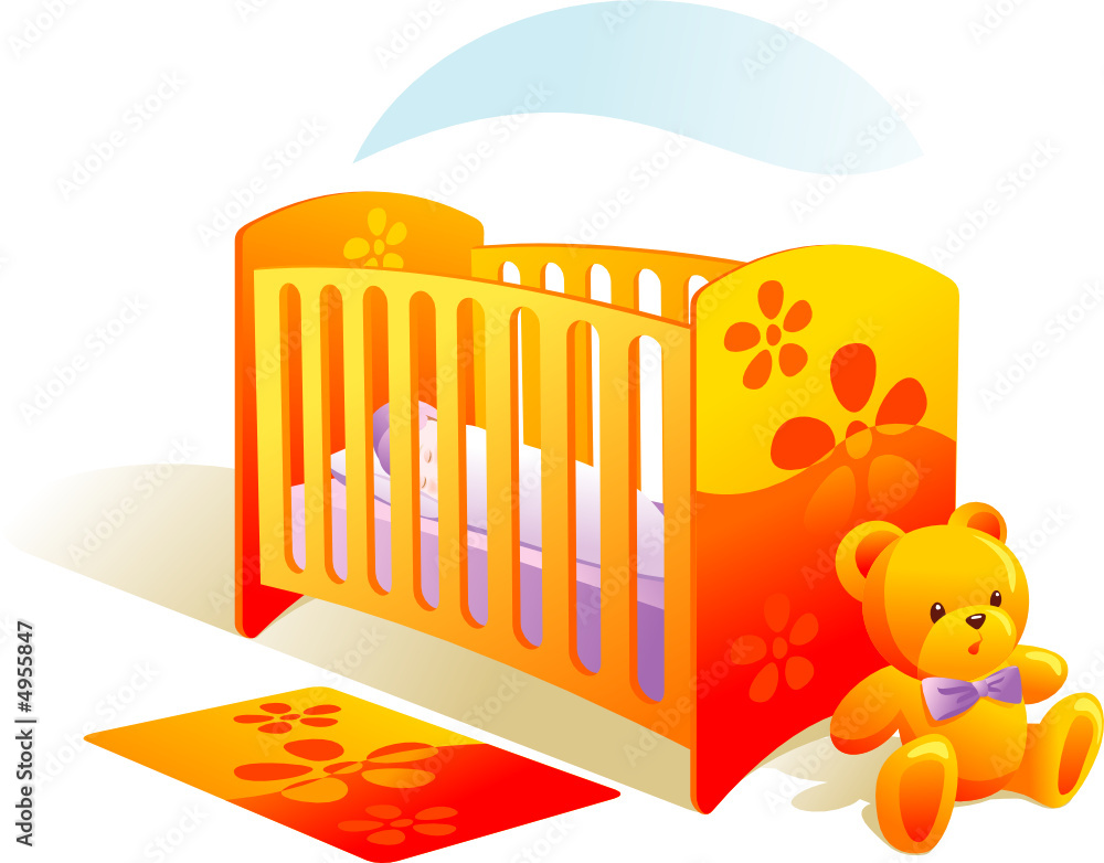 Nursery, baby in bed, teddy bear, carpet. Vector illustration Stock ...