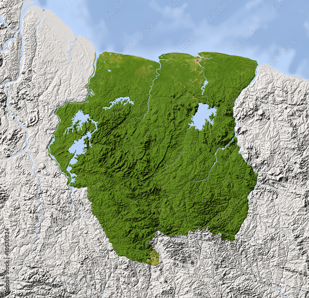Suriname, shaded relief map, colored for vegetation Stock Illustration ...