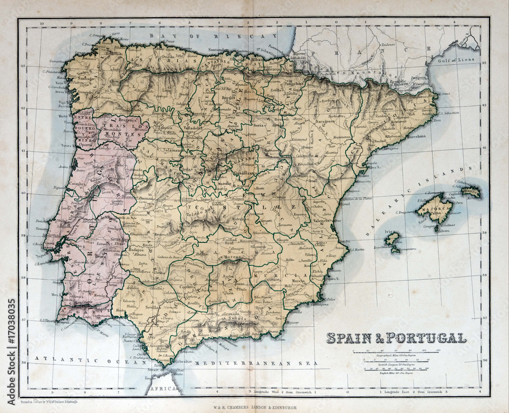 Old map of Spain & Portugal, 1870 Stock Photo | Adobe Stock