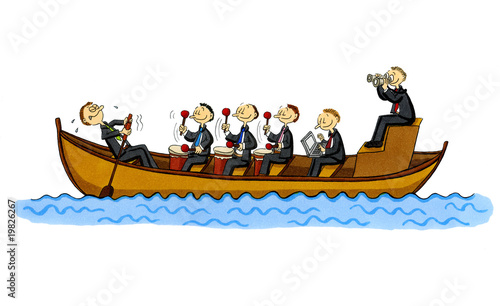 Business-Cartoon: einer rudert, fünf controllen! - 이 스톡 일러스트레이션 구입 및 ...