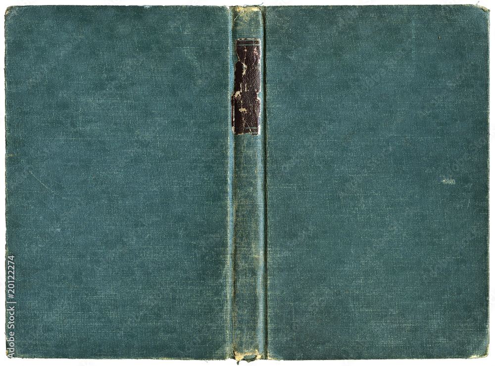 Old open book cover in scratched green canvas - isolated on white Stock ...