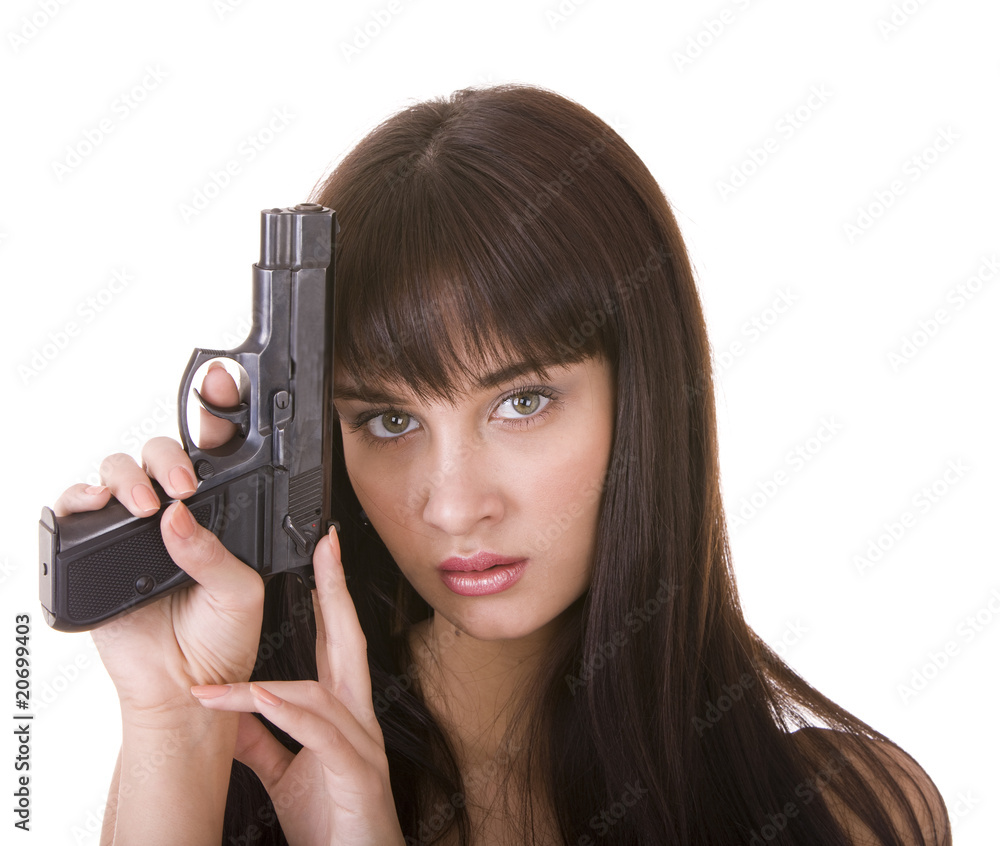 Character depression woman with gun. Isolated. Stock Photo | Adobe Stock