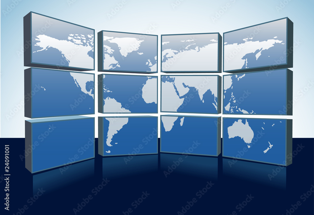 Vector de Stock World map monitors display Earth map on screens | Adobe ...