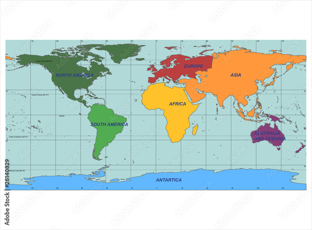 Detailed World Map with Names of Continent and Countries, vector Stock ...