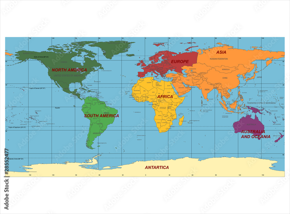 Detailed World Map with Names of Continent and Countries, vector Stock ...