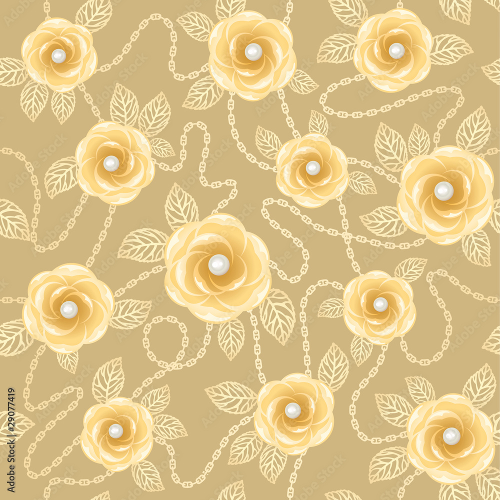 Vintage background with yellow roses, gold chains and perls Stock ...