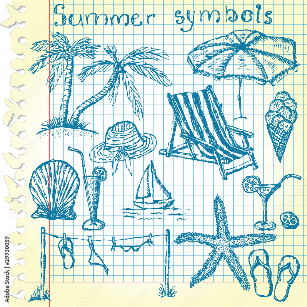 Hand-drawn summer symbols - vector illustration Stock Vector | Adobe Stock
