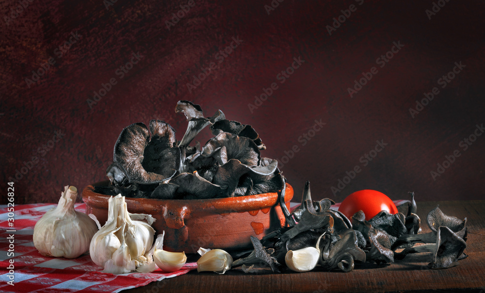 Edible mushroom, Trumpet of death, Craterellus cornucopioides Stock ...