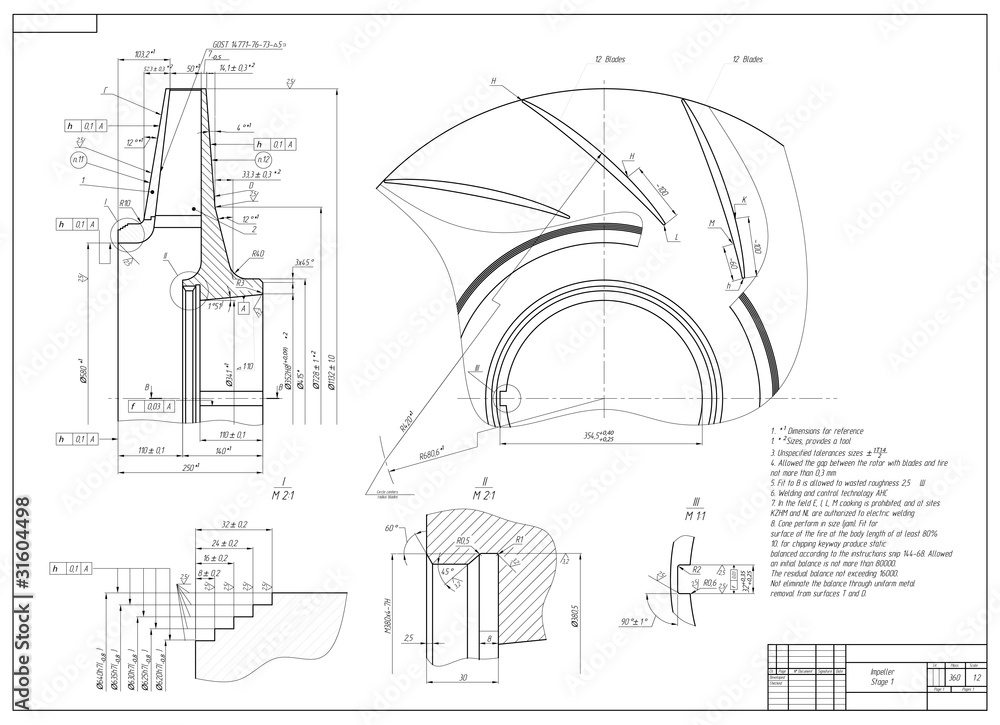 Machine-building drawing. Impeller. Vector illustration Stock ...