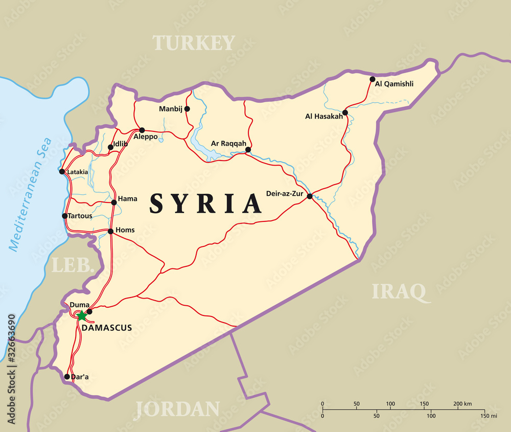 Syria political map with capital Damascus, national borders, most ...