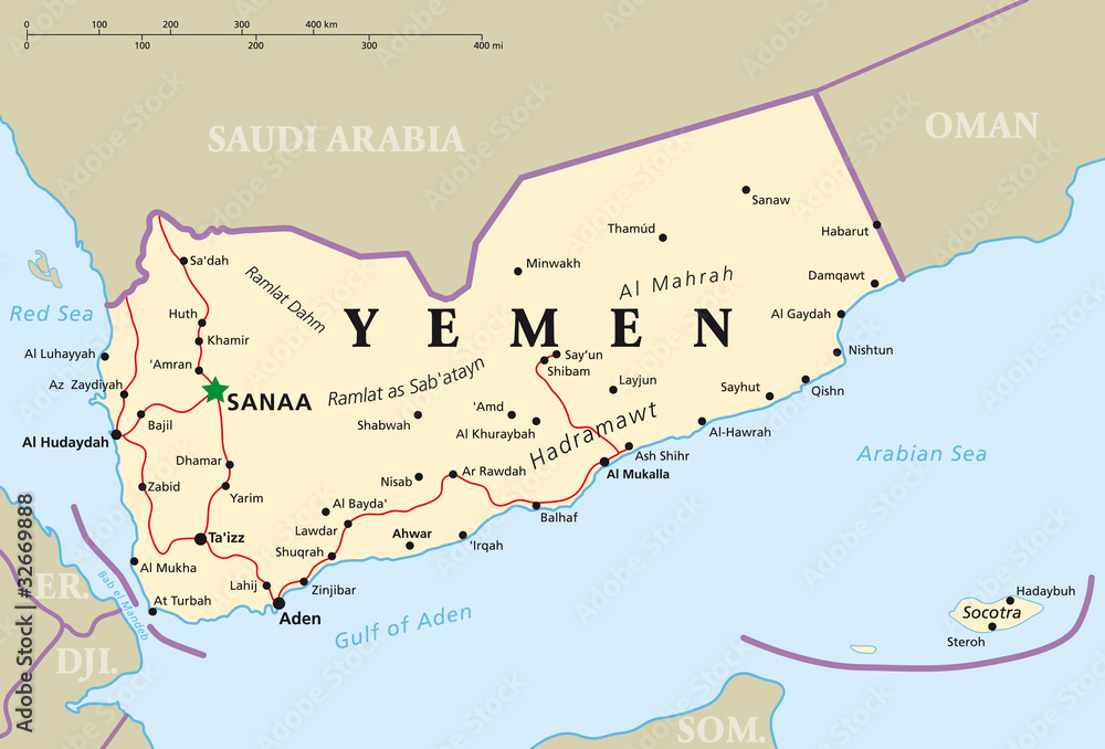 Yemen political map with capital Sanaa, national borders and most ...