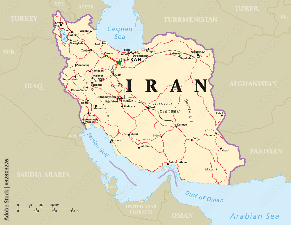Iran political map with capital Tehran, national borders, most ...