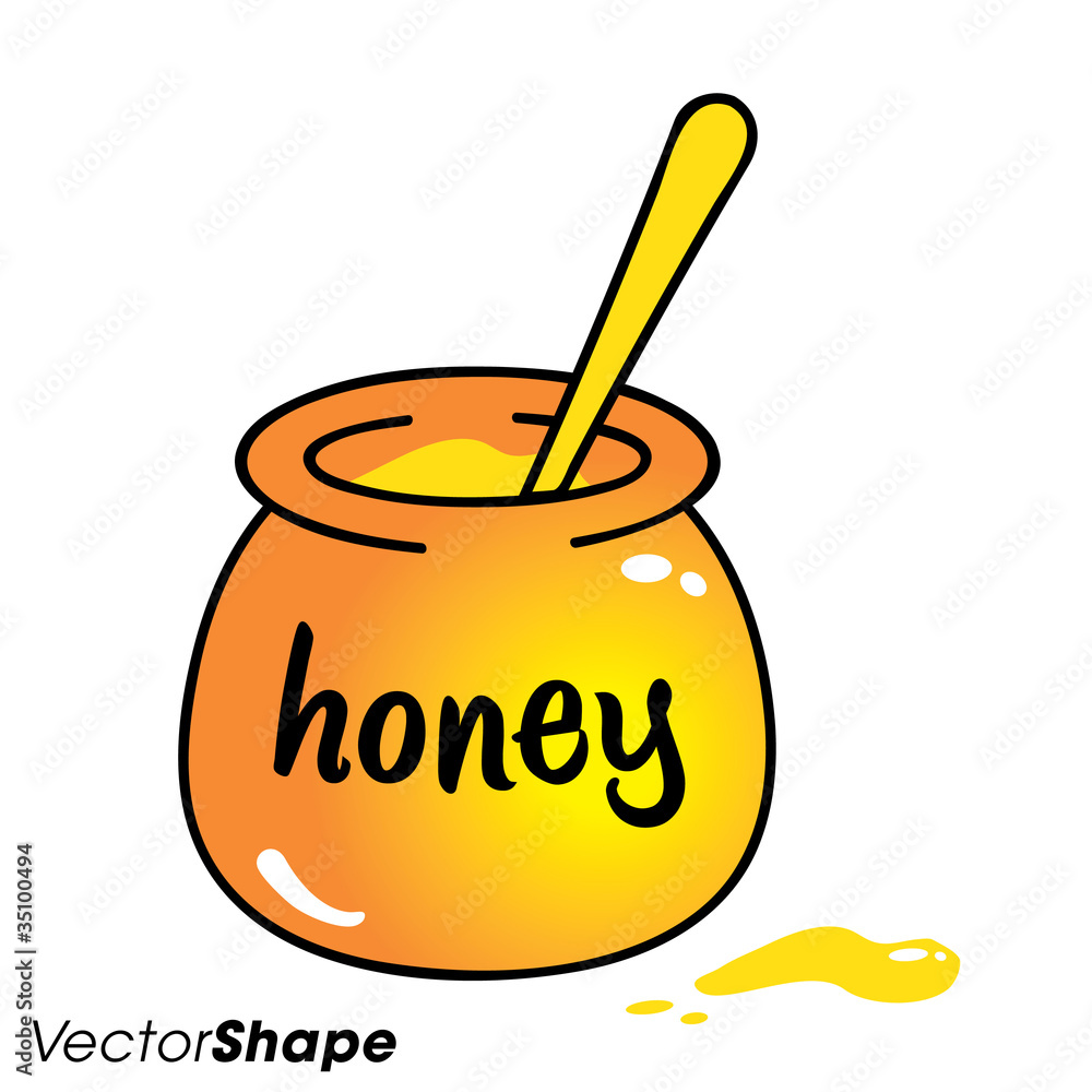 Cartoon drawing of a honey pot with spoon Stock Vector | Adobe Stock