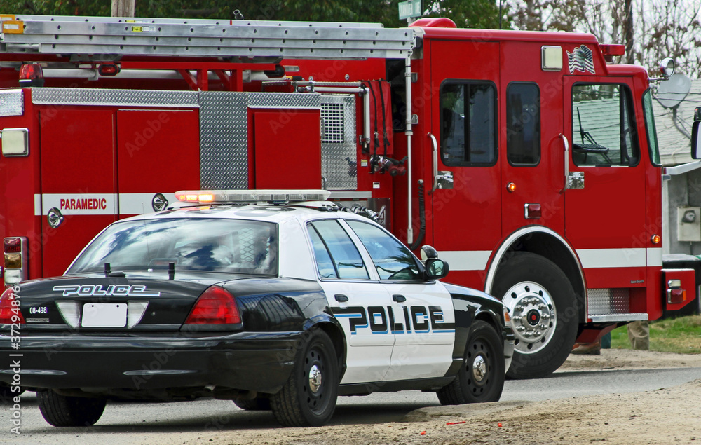 Police car and fire truck on scene Stock Photo | Adobe Stock