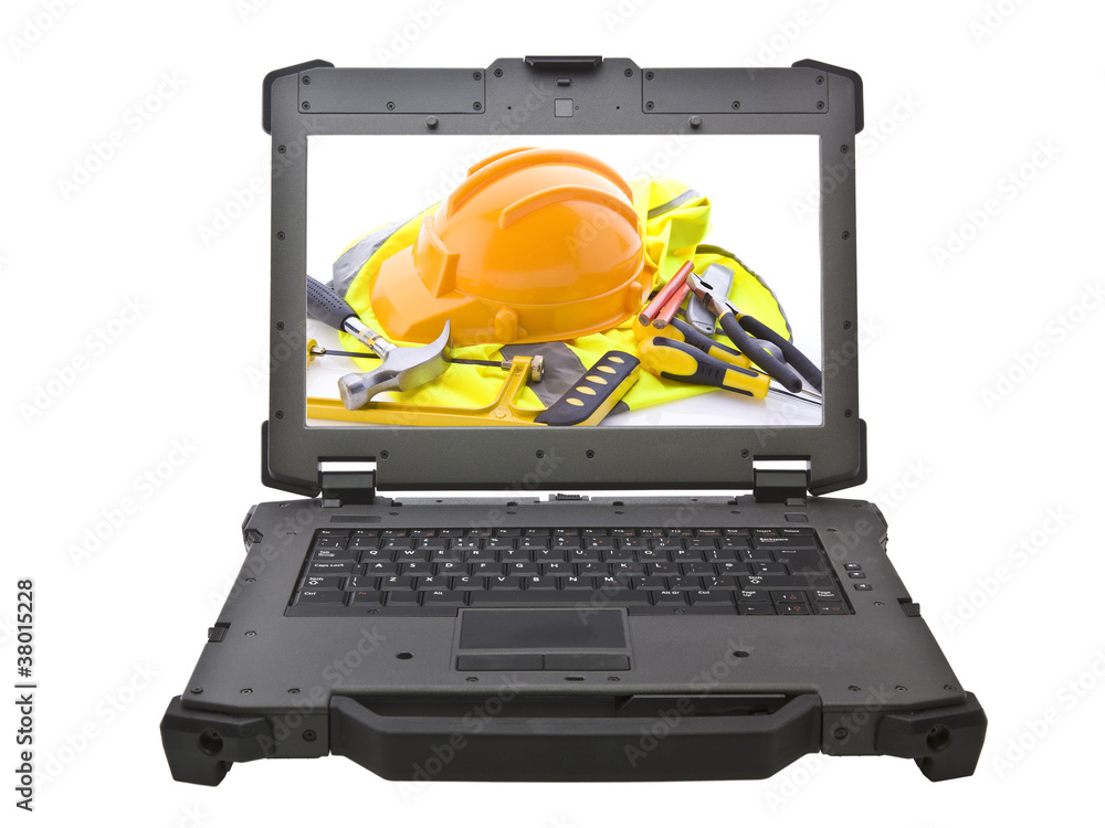 Ruggedized laptop with building tools on screen Stock Photo | Adobe Stock
