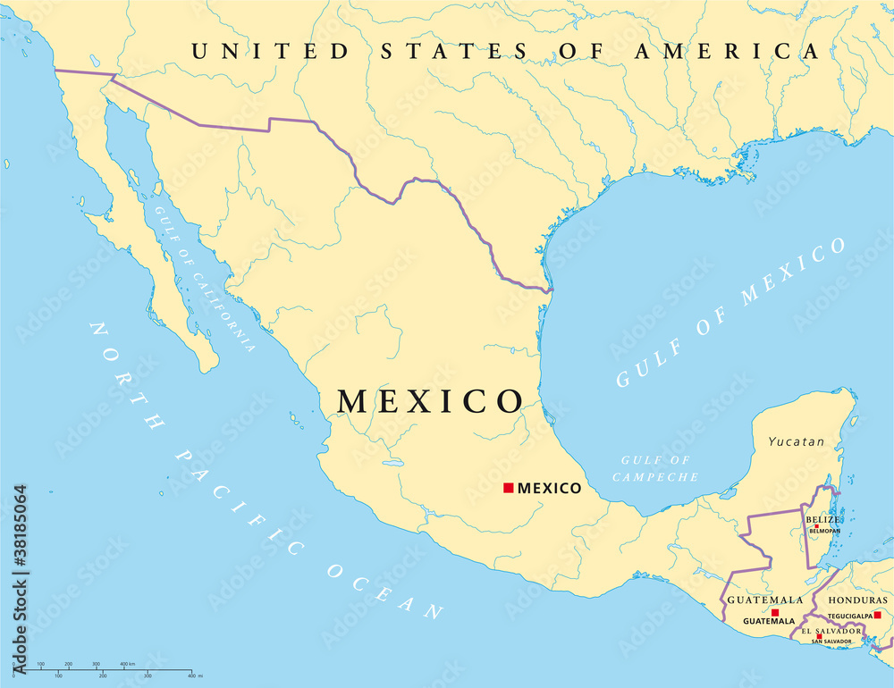 Mexico political map with capital Mexico City, national borders, rivers ...