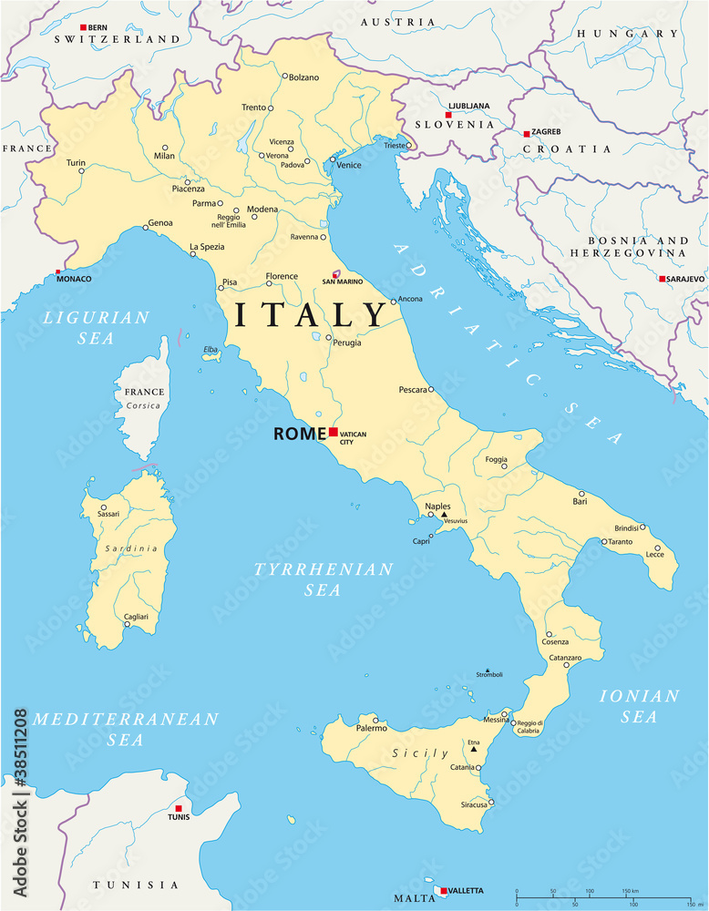 Italy political map with capital Rome, the Vatican and San Marino ...