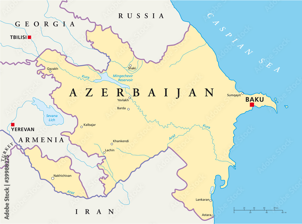 Azerbaijan political map with capital Baku, national borders, most ...