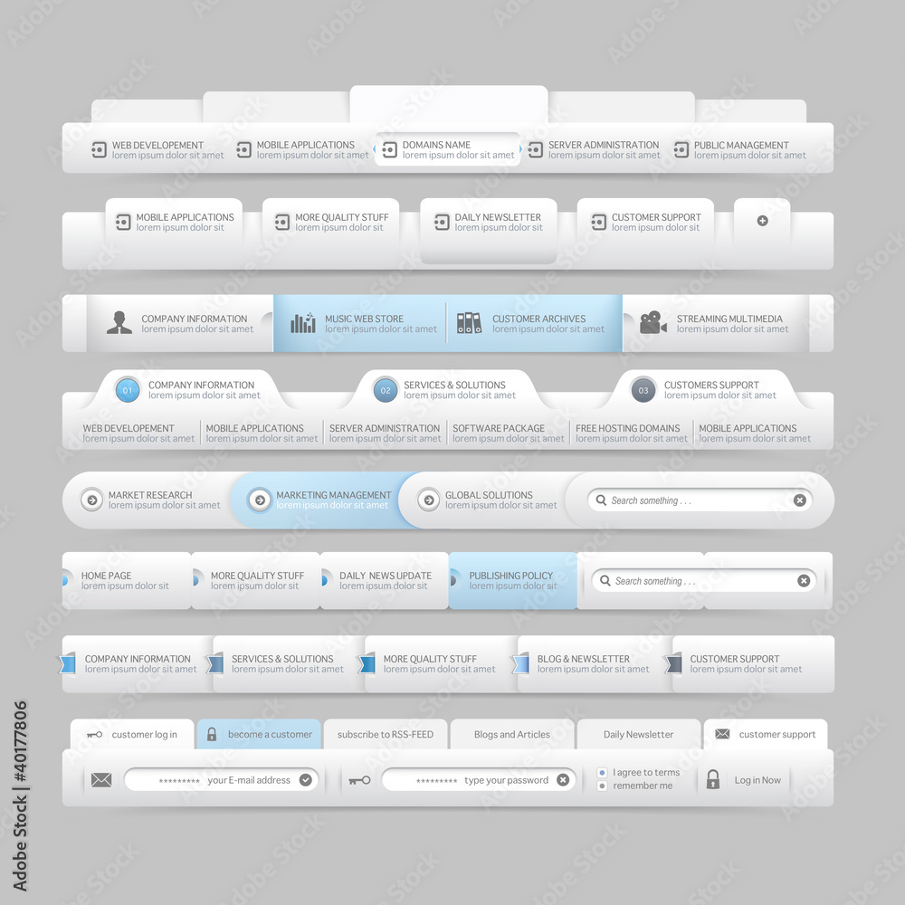 Web design elements with icons set: Navigation menu bars Stock Vector | Adobe Stock