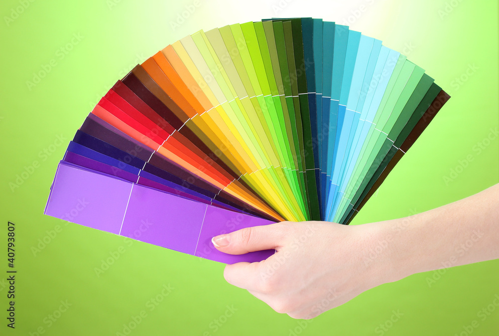 hand holding bright palette of colors on green background Stock Photo ...
