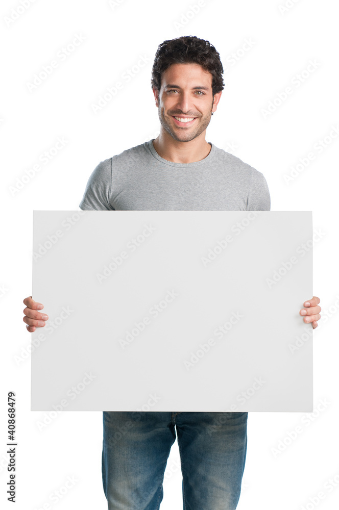 Smiling guy with sign Stock Photo | Adobe Stock