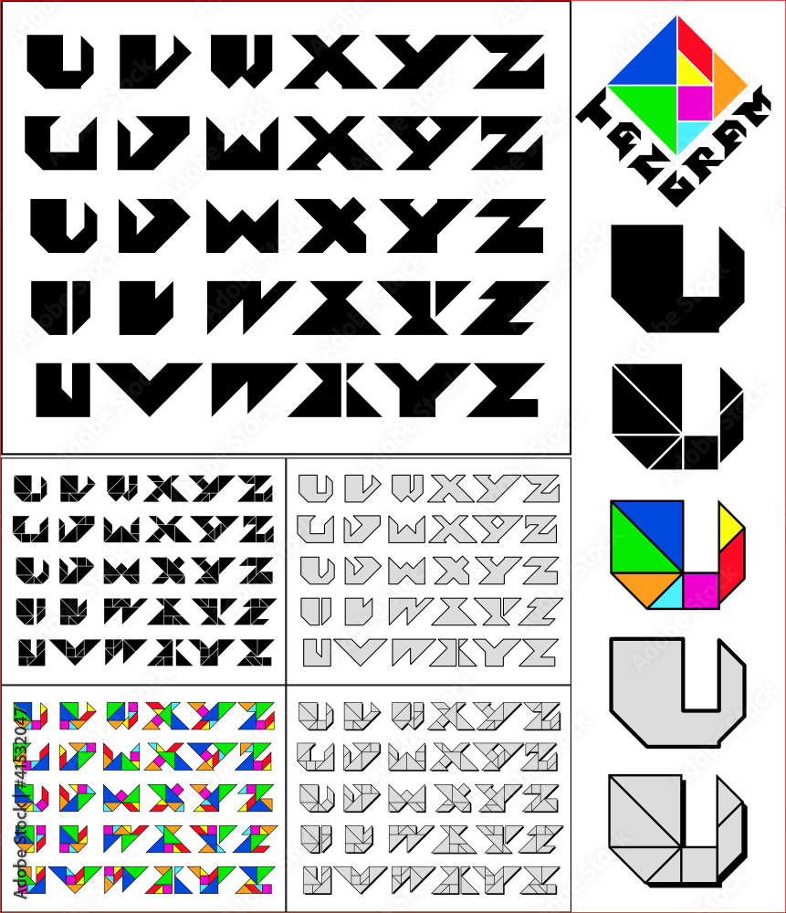 Tangram font, fixed-height alphabet, letters U,V,W,X,Y,Z, 5 styl Stock ...