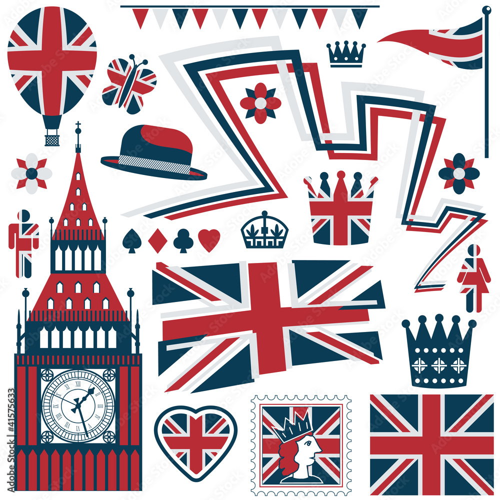 Vector set of United Kingdom clipart with big ben, flags and banners ...