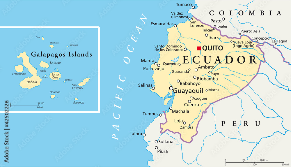 Ecuador and Galapagos Islands political map with capital Quito, with ...