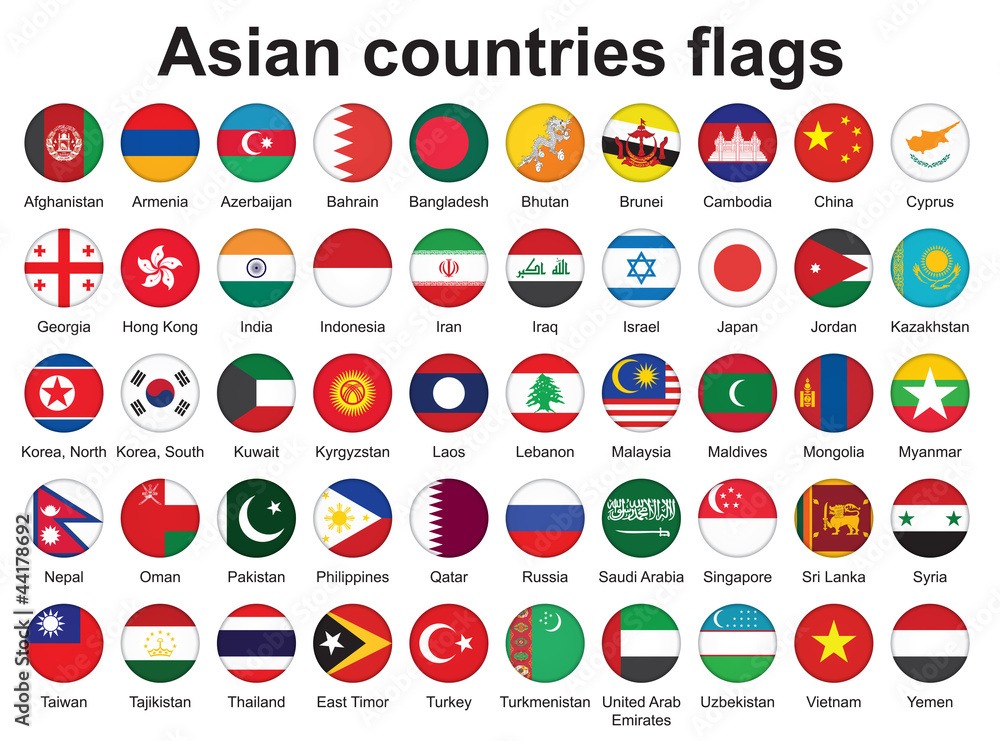 set of buttons with Asian countries flags vector illustration Stock ...