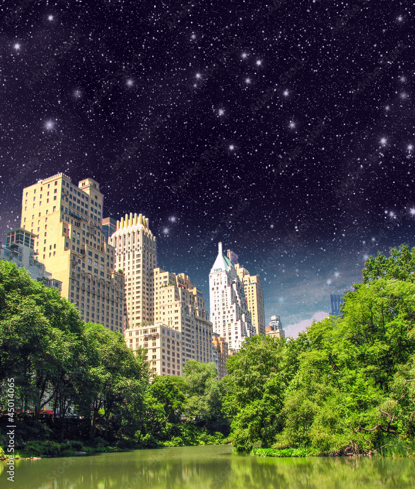 New York City - Manhattan Skyscrapers from Central Park with Tre Stock ...