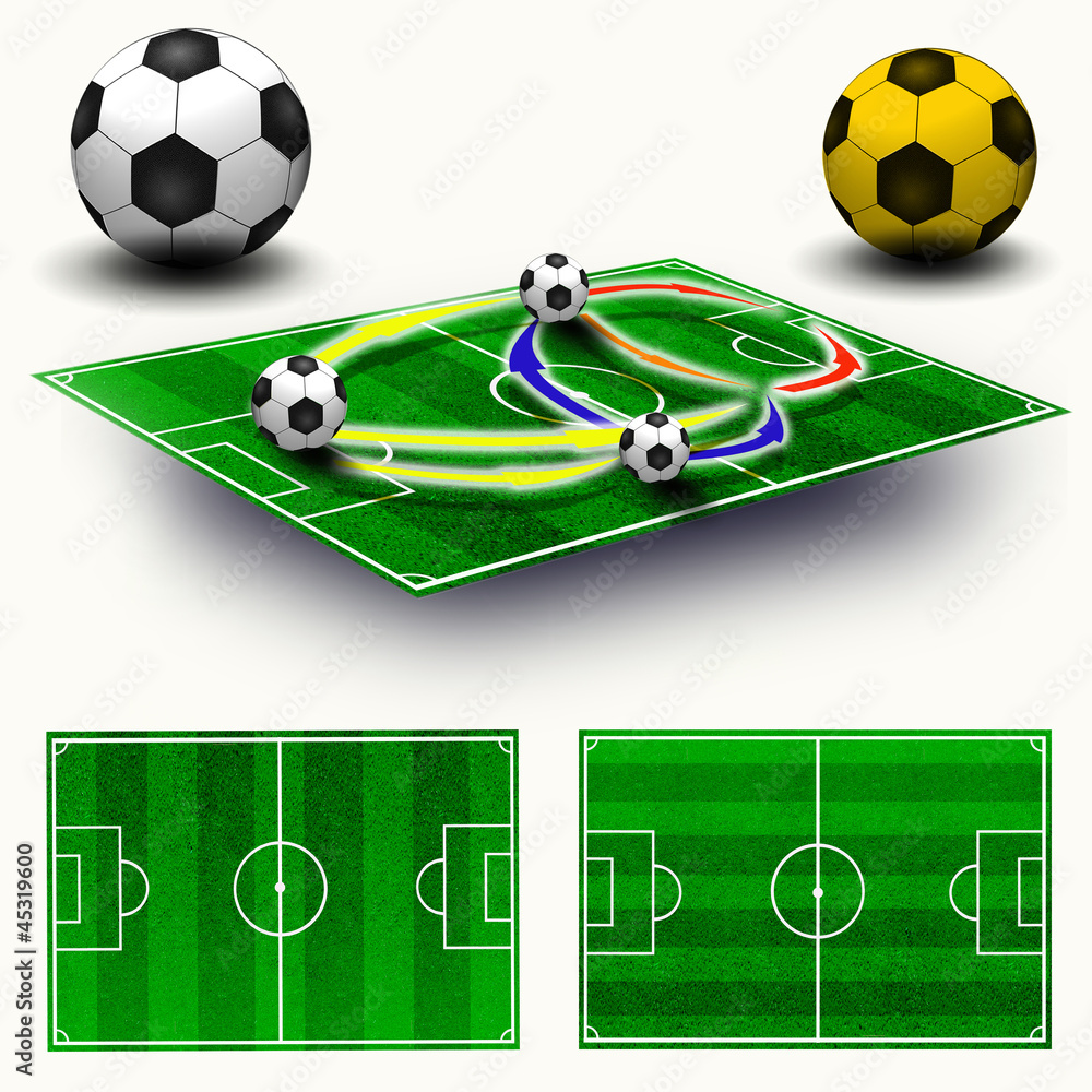 Collage. Soccer field tactic table, map on perspective geometry, Stock ...