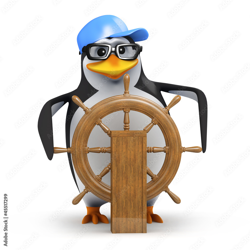 Ilustração 3d Captain Penguin at the helm do Stock | Adobe Stock