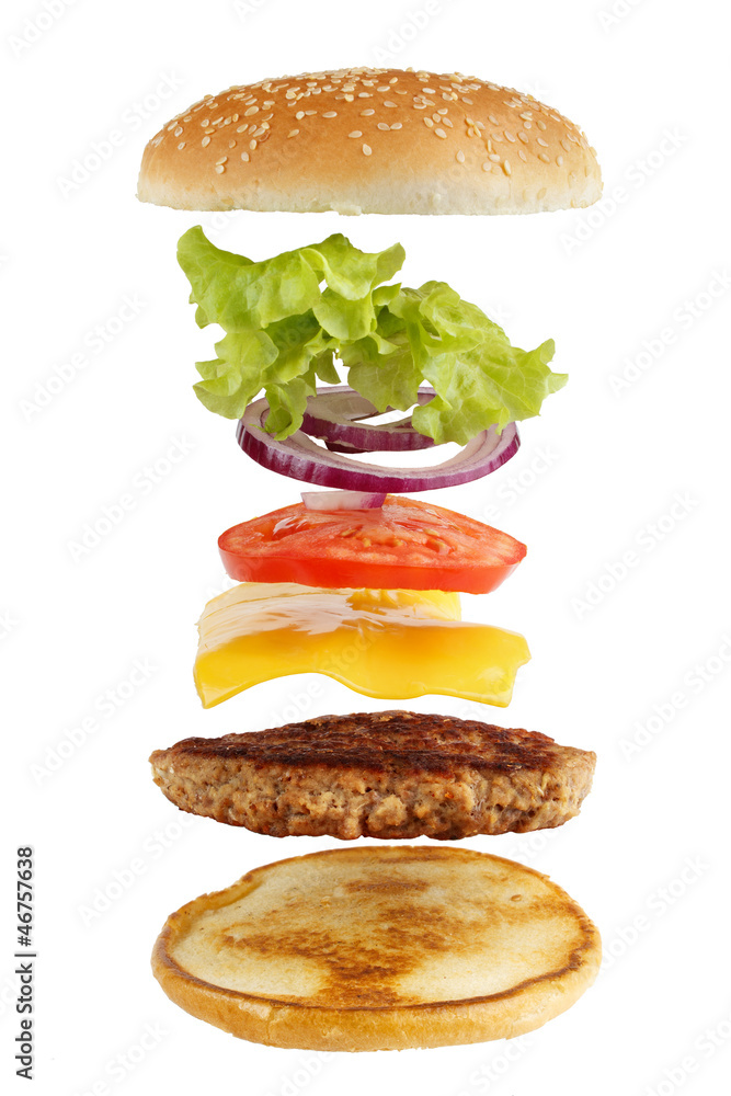 Exploded view of burger, isolated on white Stock Photo | Adobe Stock