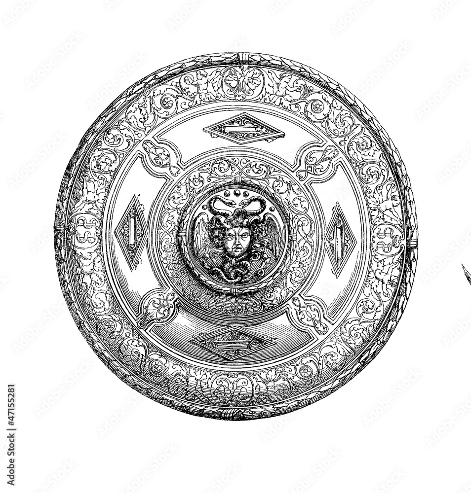 Medusa : ancient Shield - Europe - 16th century Stock Illustration ...