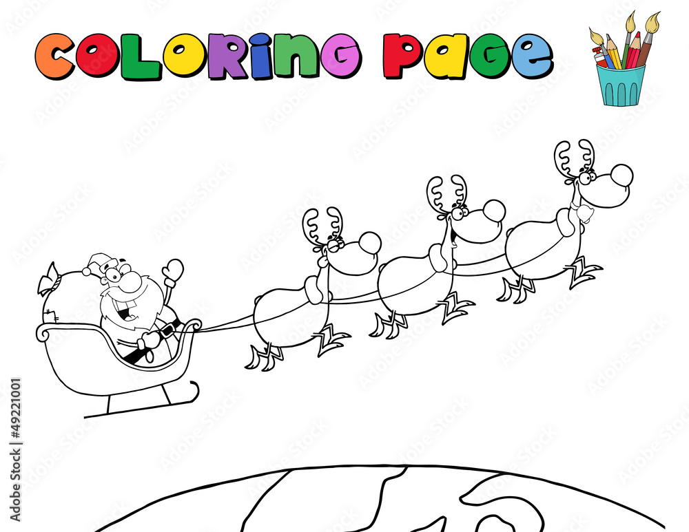 Coloring Page Outline Of Santa Waving And Flying Above Earth Stock ...