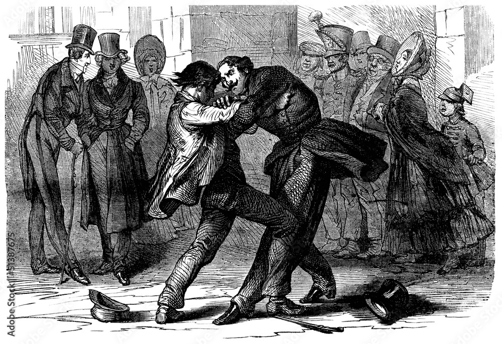 Agressive Men : Fighting in the Street - 19th century Stock ...