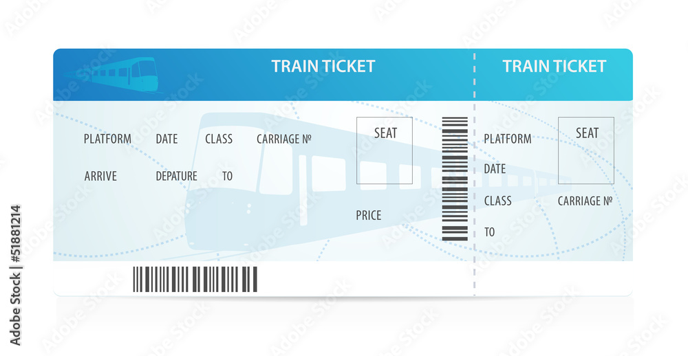 Train ticket tamplate (layout) with train silhouette. Railway Stock ...