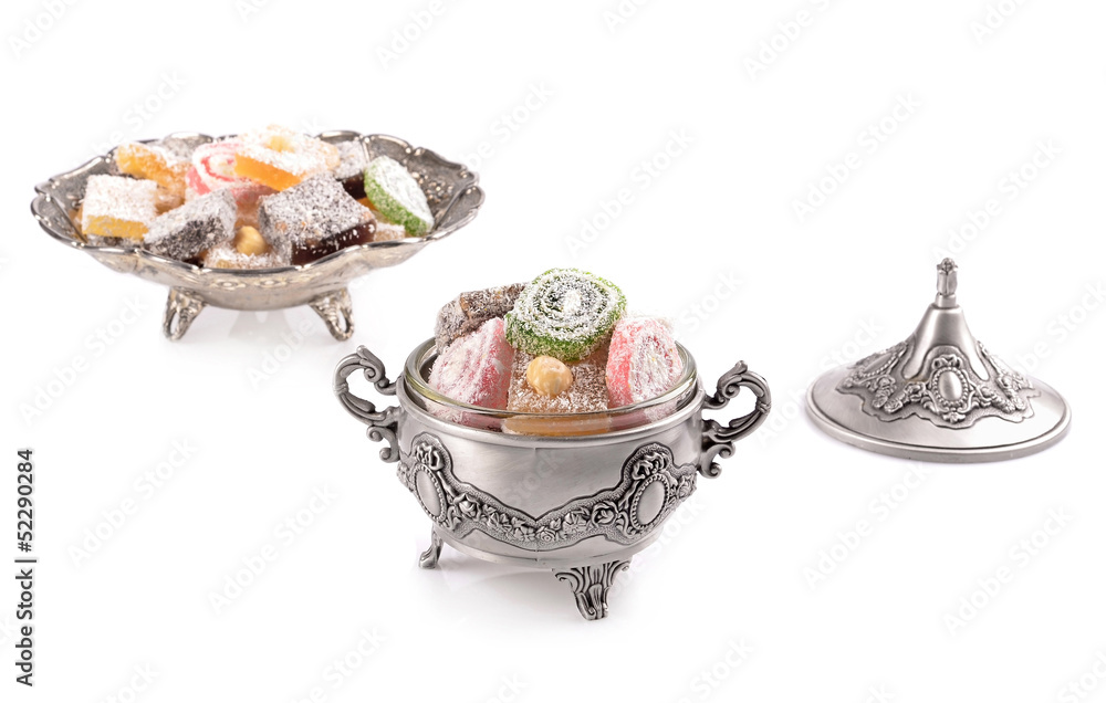 Turkish delight in a traditional metal container Stock Photo | Adobe Stock