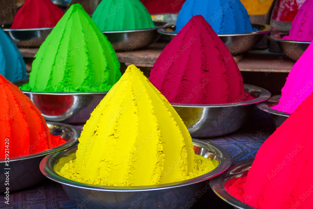 Colorful piles of powdered dyes used for Holi festival in India Stock ...
