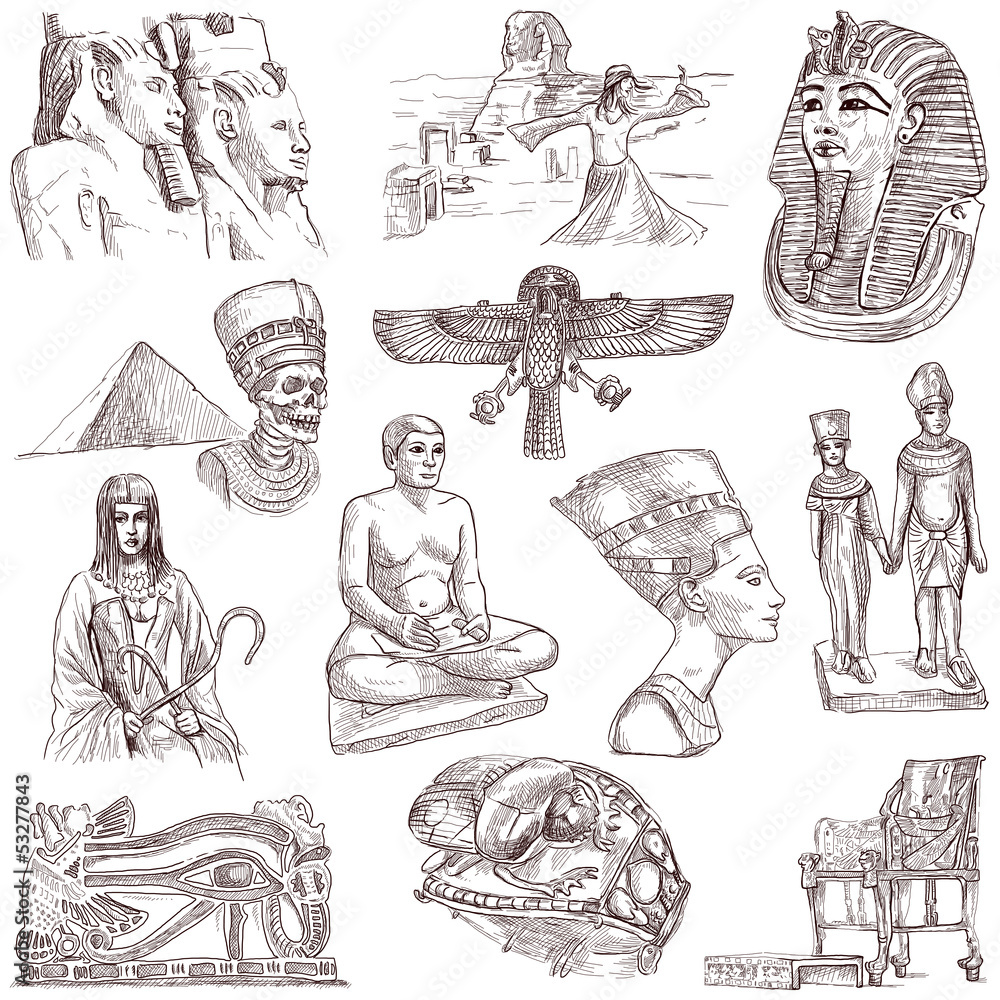 Egyptian collection - full sized hand drawings on white Stock ...