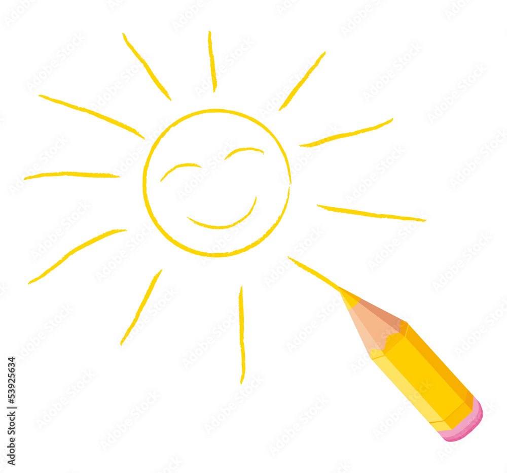 Yellow colored pencil drawing a smiling sun. Stock Vector | Adobe Stock