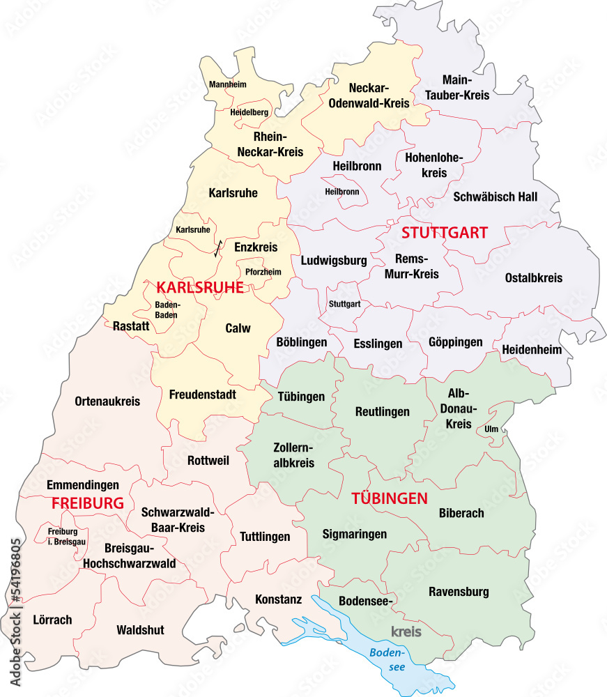 Vector de Stock Baden Württemberg, Regierungsbezirke, Landkreise ...