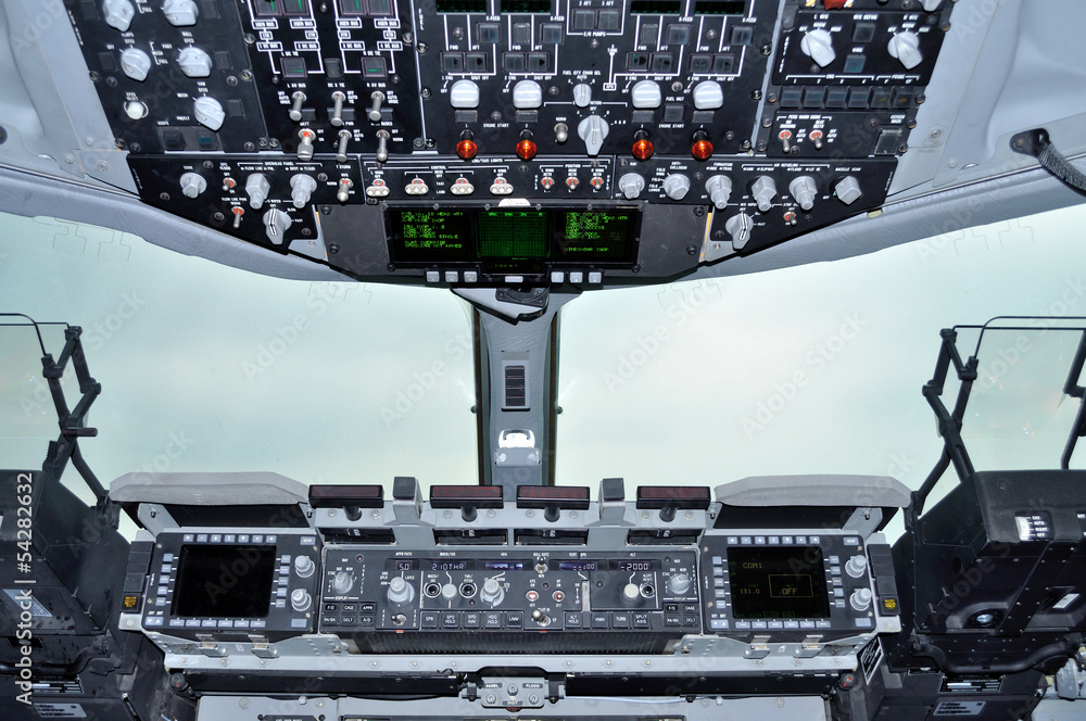 Cockpit view inside the military transport aircraft Stock Photo | Adobe ...
