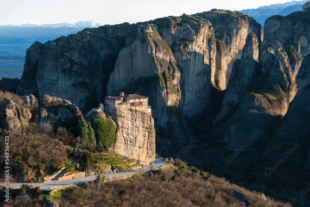 Meteora cliffs and the Holy Monastery of Roussanou in Greece Stock ...